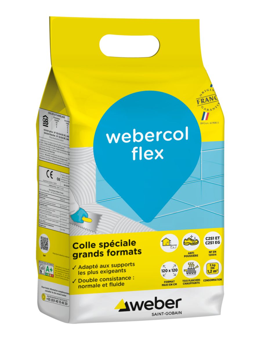 Mortier-colle pour carrelage grand format webercol flex - blanc - sac de 5 kg - WEBER