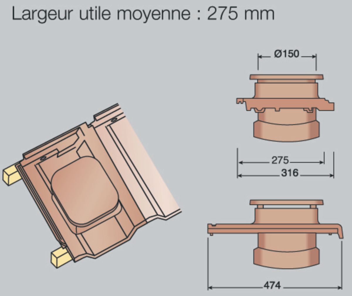 Kit tuile à douille Ø 150 mm Prima - terre cuite - ardoisé - 474x316 mm ...